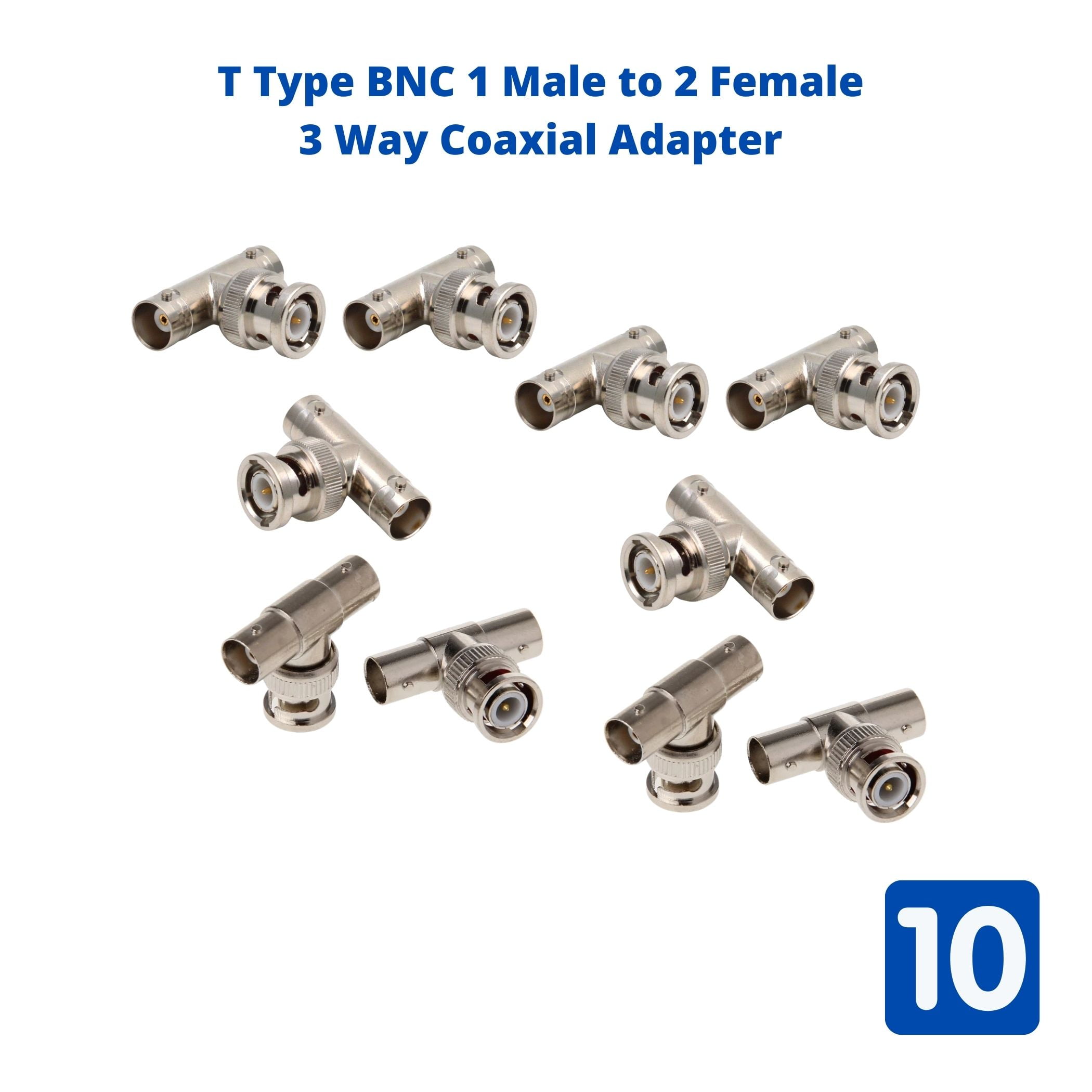 Evertech 10 Pcs T Type BNC 1 Male to 2 Female 3 Way Coaxial Connector ...