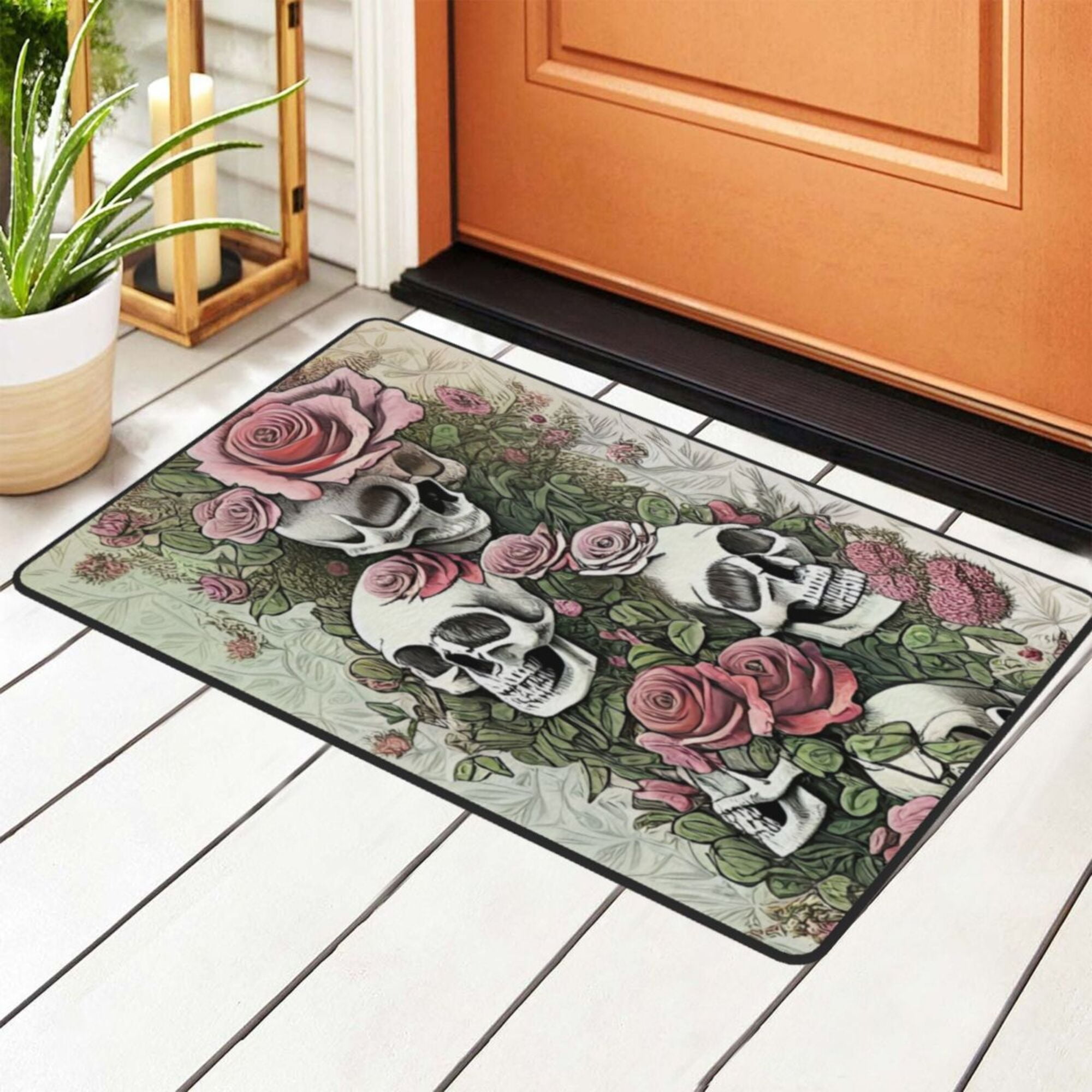 Pink Roses Grateful Skulls Dead Skeleton Area Rugs, Non-Slip Machine ...