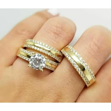 14k Yellow Gold Plated Simulated Diamond Wedding His & Her Trio Set ...
