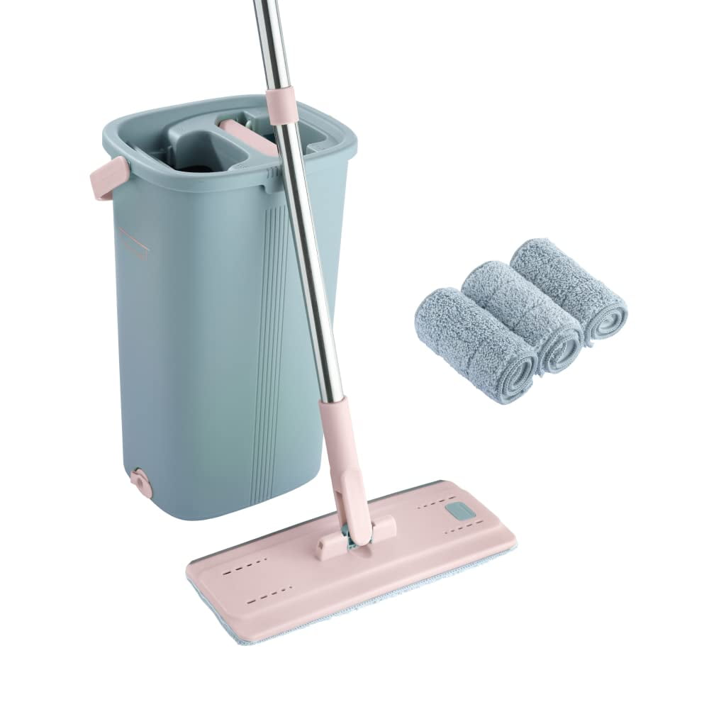 Blue Mop And Bucket Set Microfibre Flat Mop With Stainless Steel Handle ...