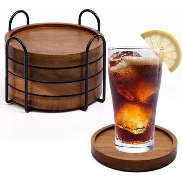 Diymag Wooden Coasters Set with Holder, Felt Absorbent, 4.3 Inch Grey ...