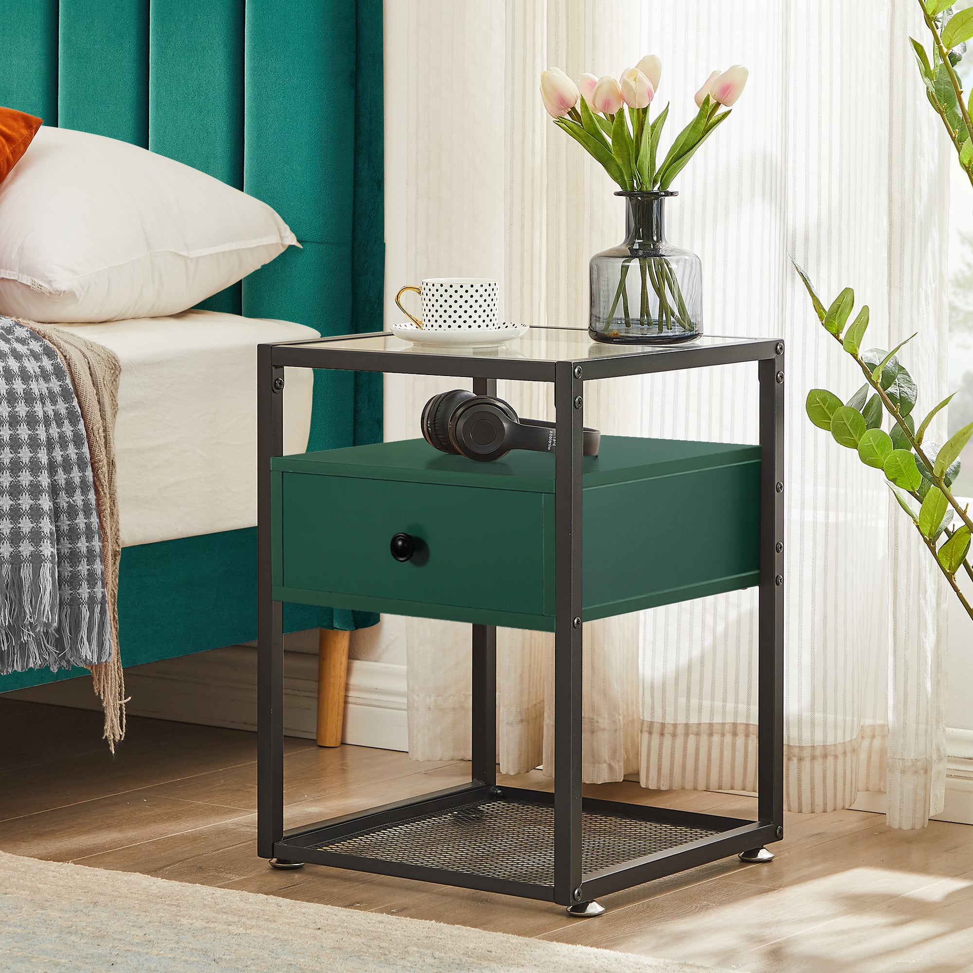 VECELO Tempered Glass Nightstand with Drawer, Glass Top End Table for ...