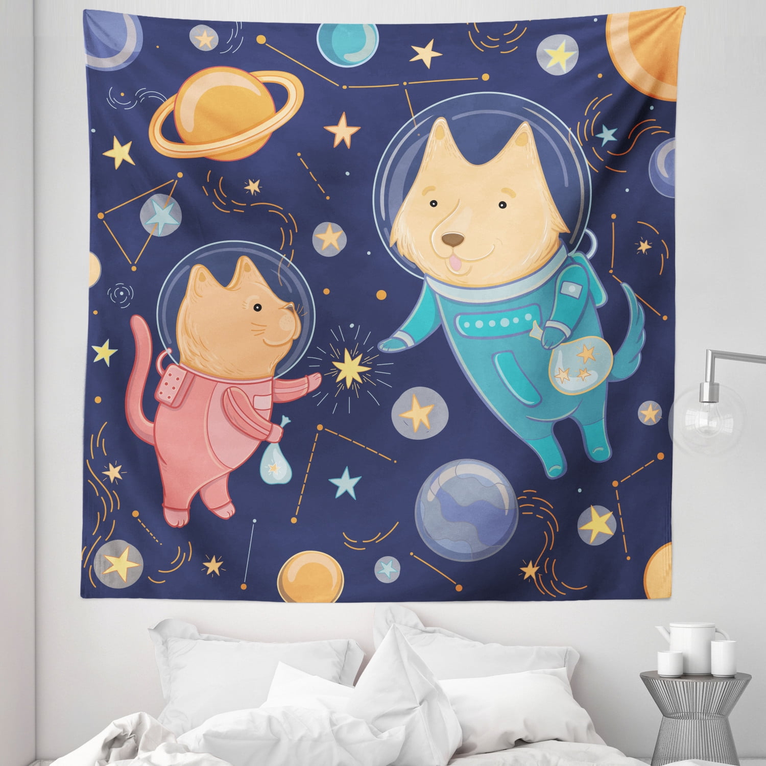 Space Tapestry, Cartoon Dog and Cat Floating Among the Stars Animal ...