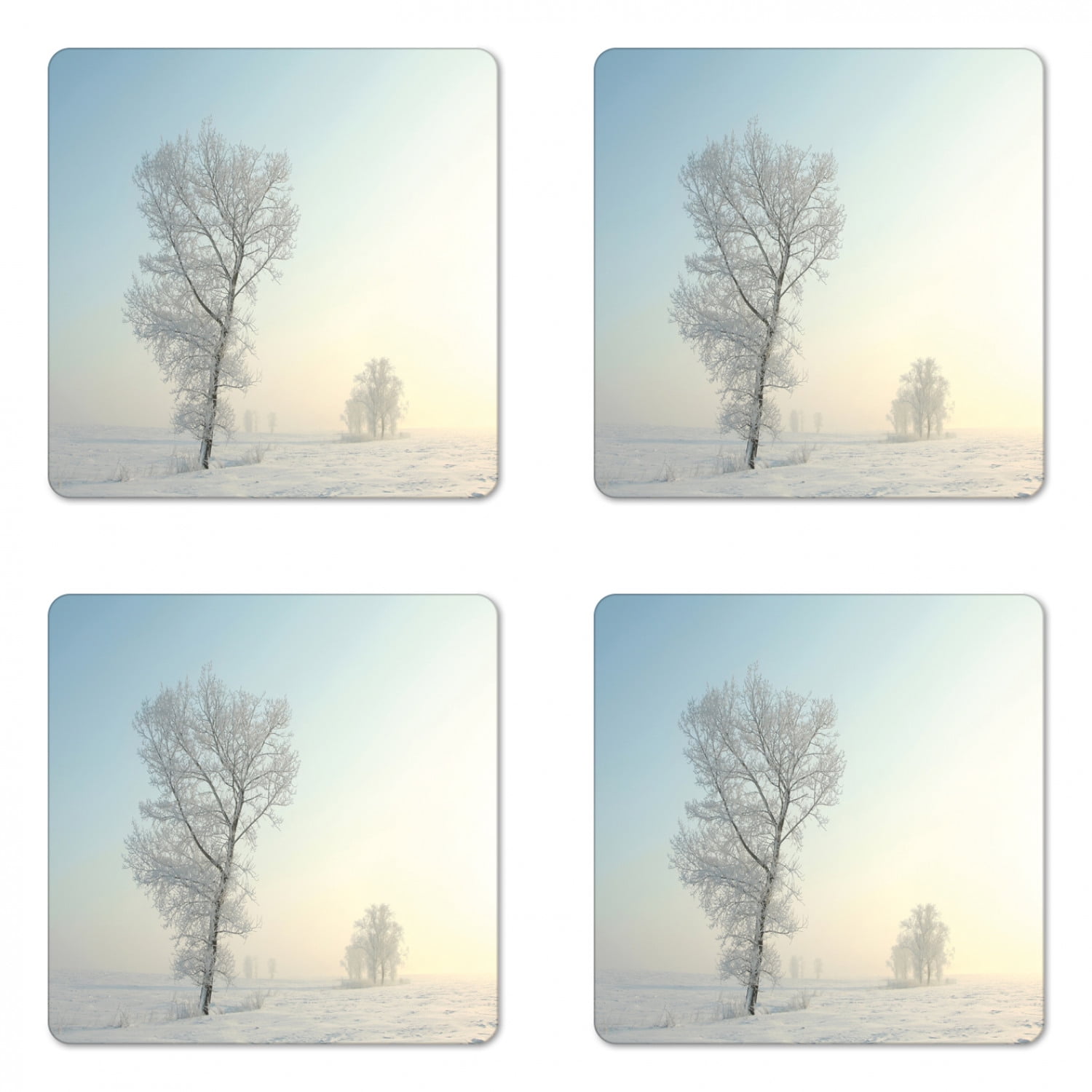 Winter Coaster Set of 4, Frozen Tree on Sunny Winter Morning Rising Sun ...