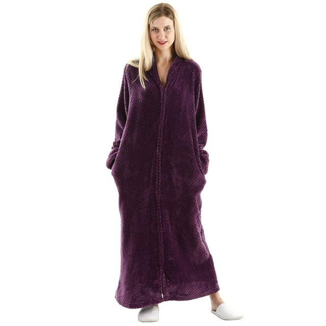 Oksun Womens Full-Length Zip-Up Bathrobe, Plush Fleece Warm Dressing Gown with Pockets, Fuzzy ...