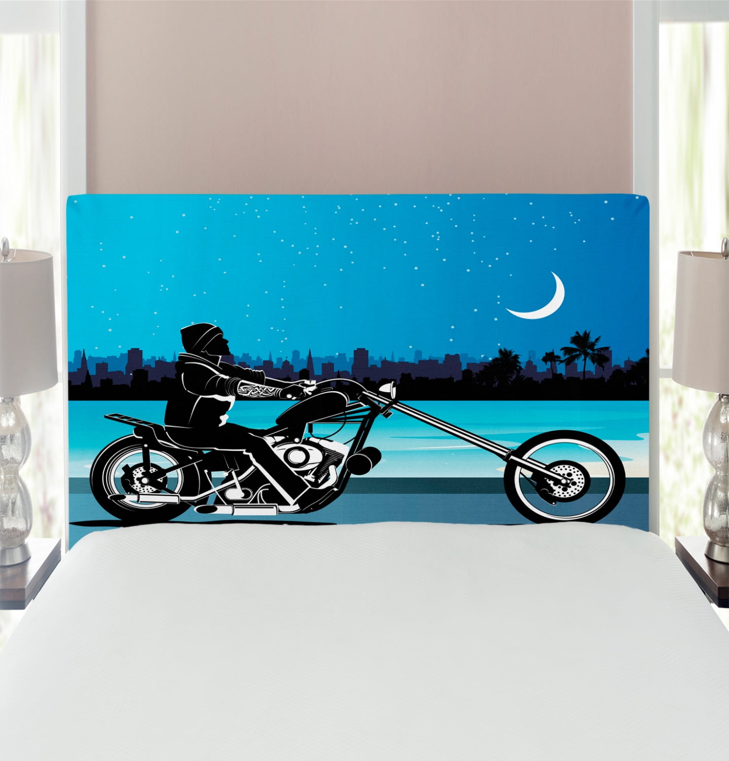 Motorcycle Headboard, Art with Chopper Motorcycle Biker Riding Starry ...