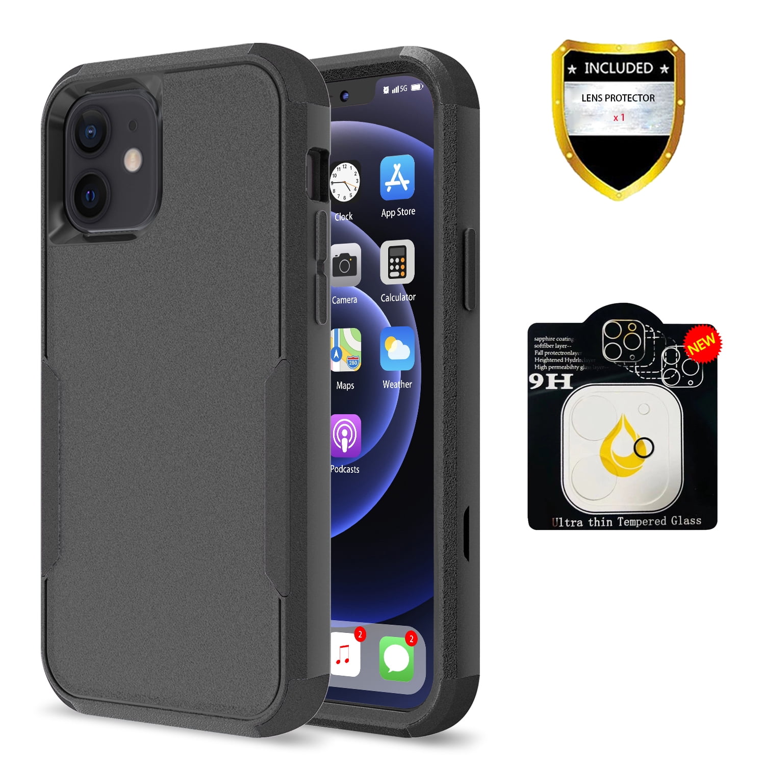 Apple iPhone 12 Case + Camera Lens Protector , Rugged Rubber Durable 3 ...