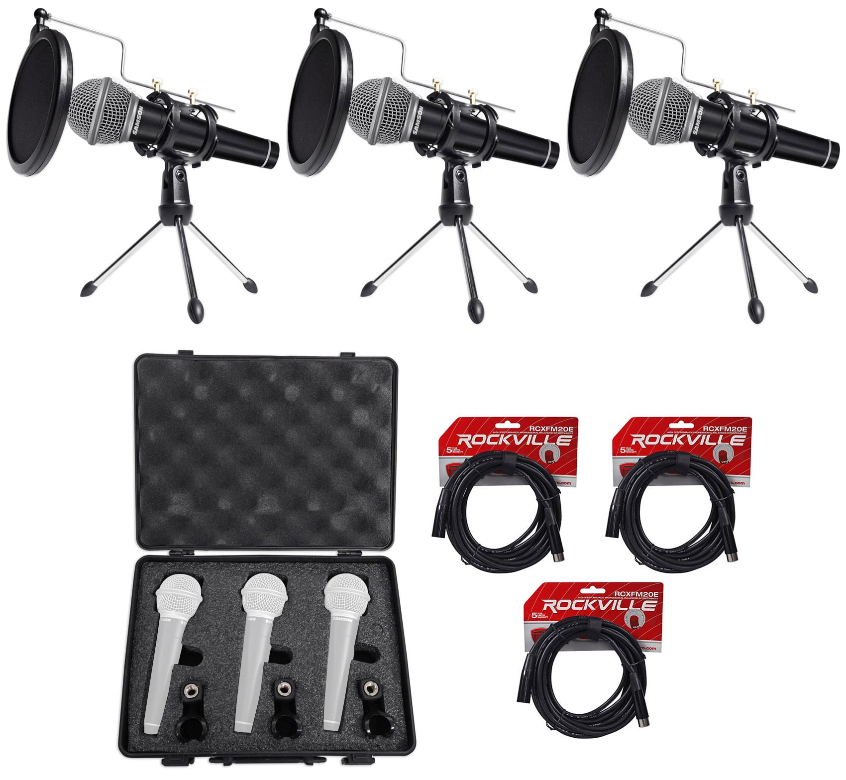 3) Samson Dynamic Podcasting Podcast Microphones+Stands+Pop Filters ...