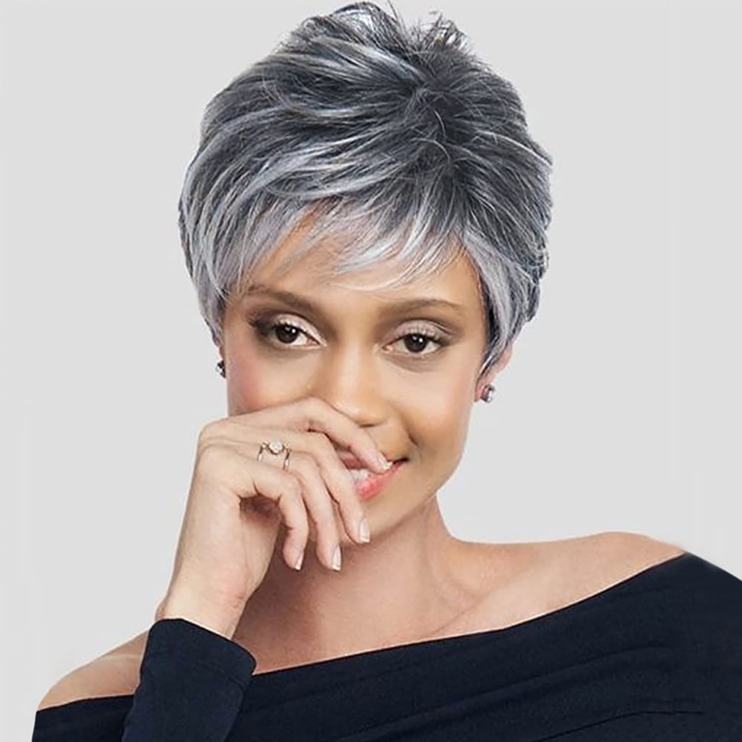 Lakihair Short Grey Wigs for Women Ombre Grey Pixie Cut Wig with Bangs ...