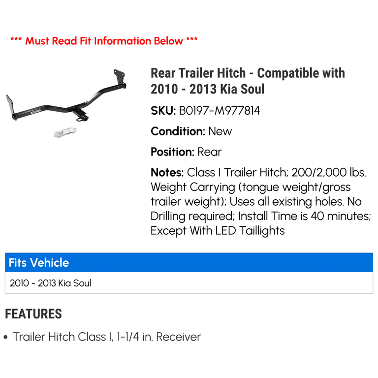 Rear Trailer Hitch Compatible with 2010 2013 Kia Soul 2011 2012