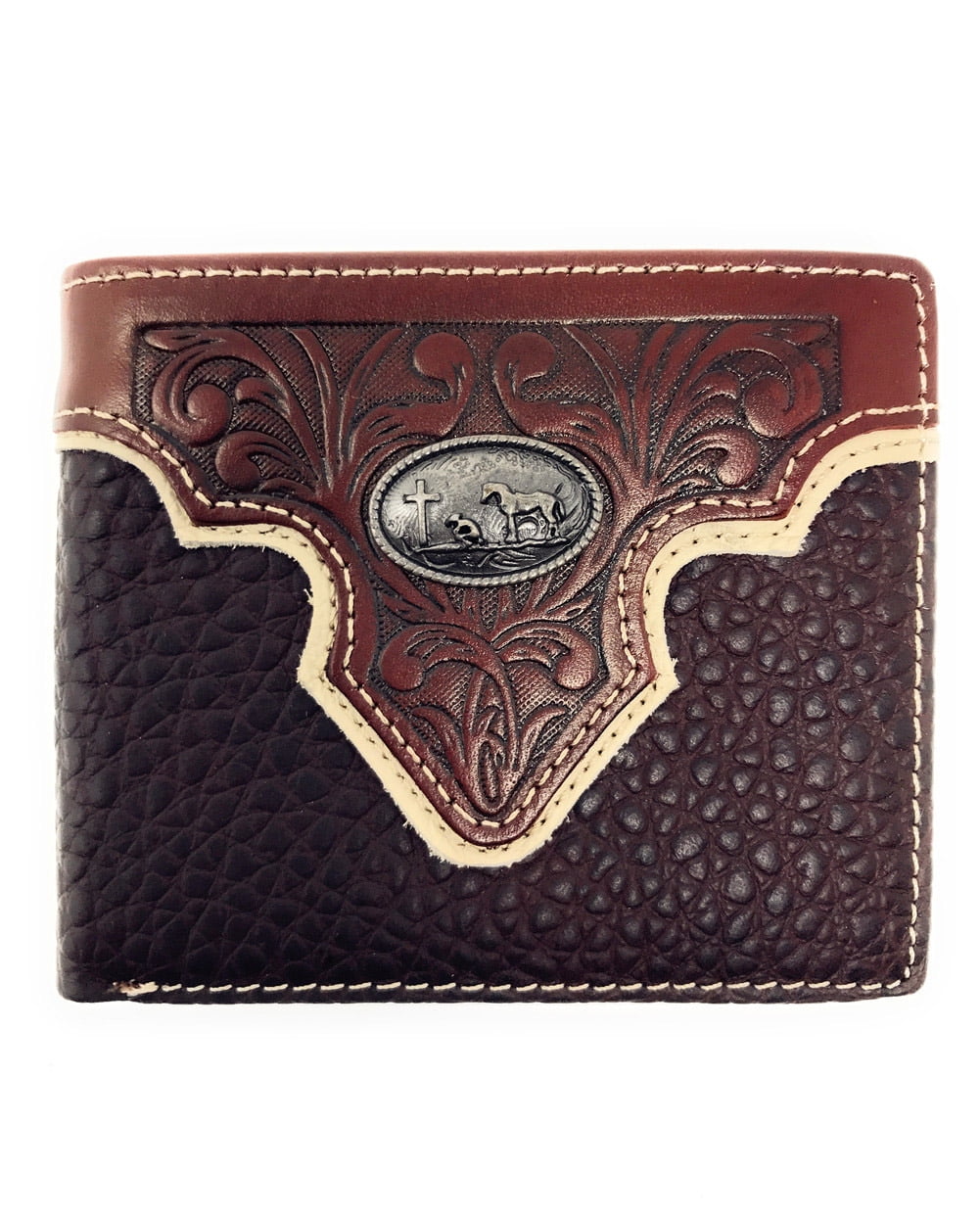 Genuine Leather Floral Tooled Praying Cowboy Concho Mens Short Bifold ...