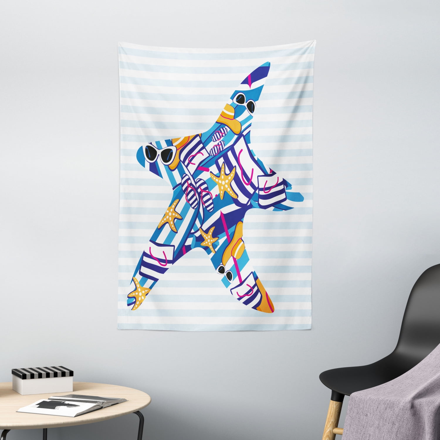 Starfish Decor Tapestry, Cartoon Style Starfish with Summer Vacation ...