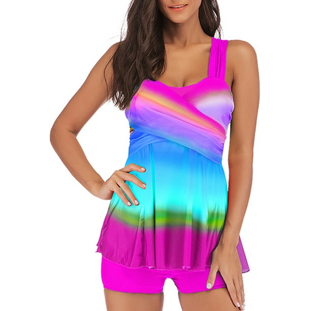 Sexy Dance Plus Size Women Tankini Set Swimdress Rainbow Color Block