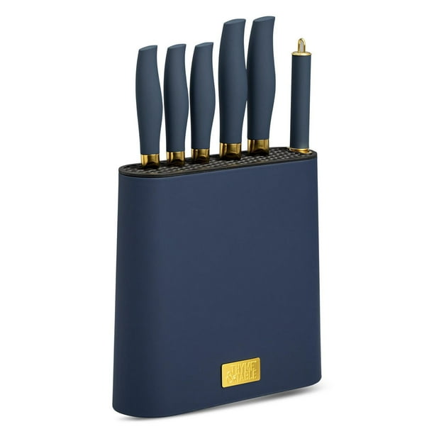 Thyme & Table 7-Piece Slim Block Knife Set with Gold Blades and Blue Block, Knife Block - Walmart.ca