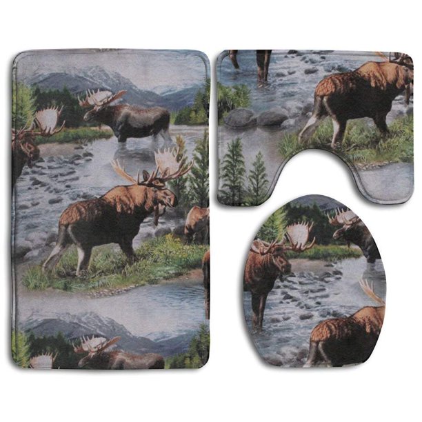 GOHAO Bull Moose Nature Scenic Wildlife Lake 3 Piece Bathroom Rugs Set ...