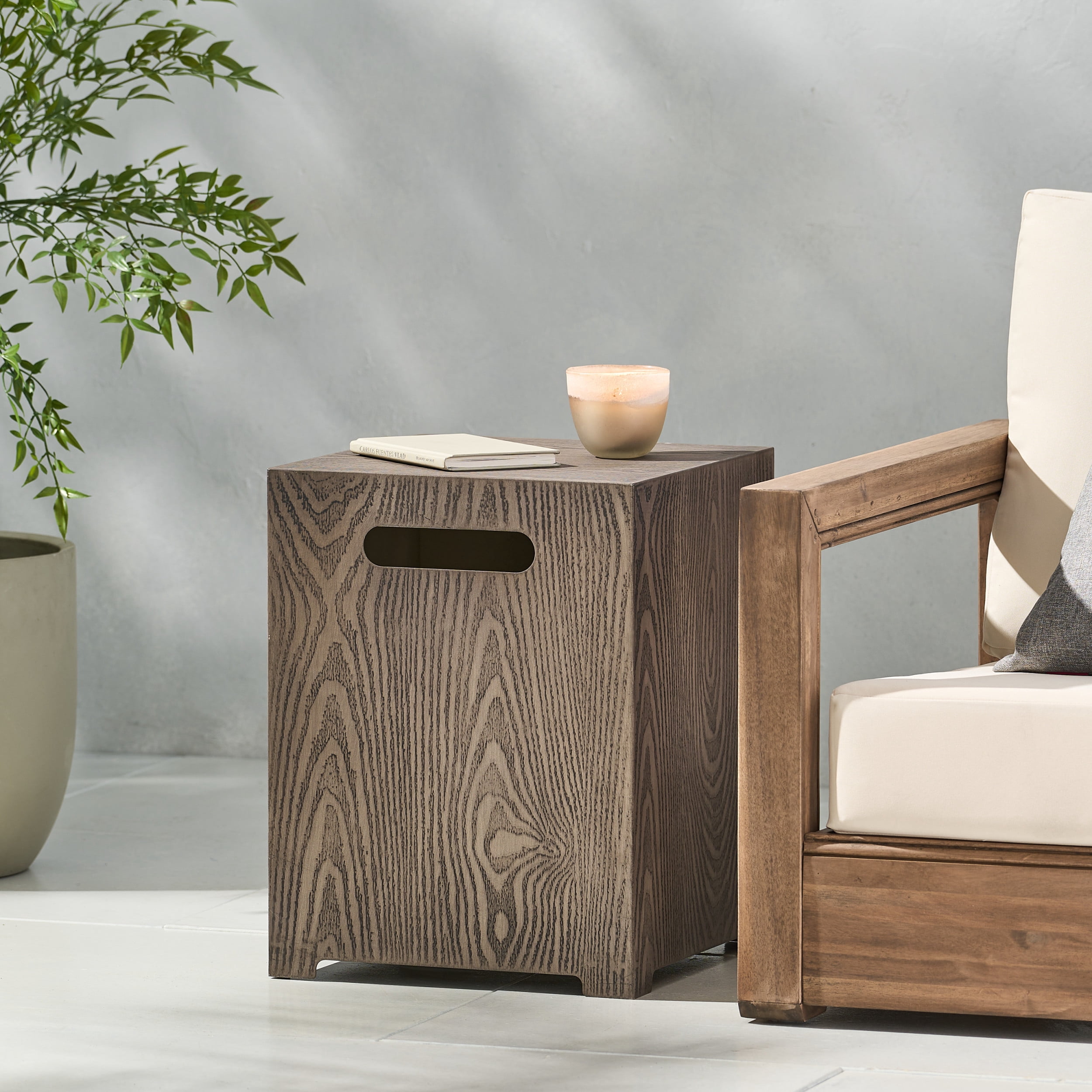 Reign Metal Outdoor Tank Holder Side Table, Brown Wood Pattern ...