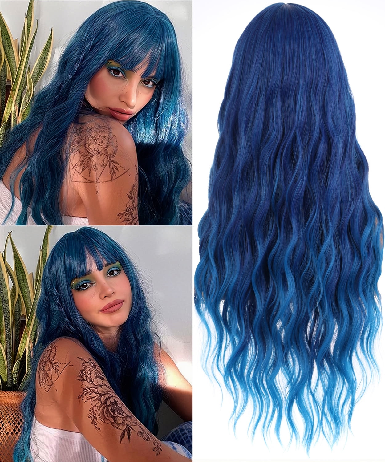 RightOn Blue Wig Long Curly Wig Dark Blue Wig Mixed Blue Wig with Bangs ...