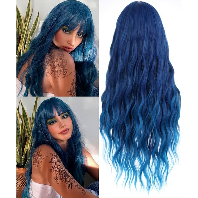 RightOn Blue Wig Long Curly Wig Dark Blue Wig Mixed Blue Wig with Bangs ...