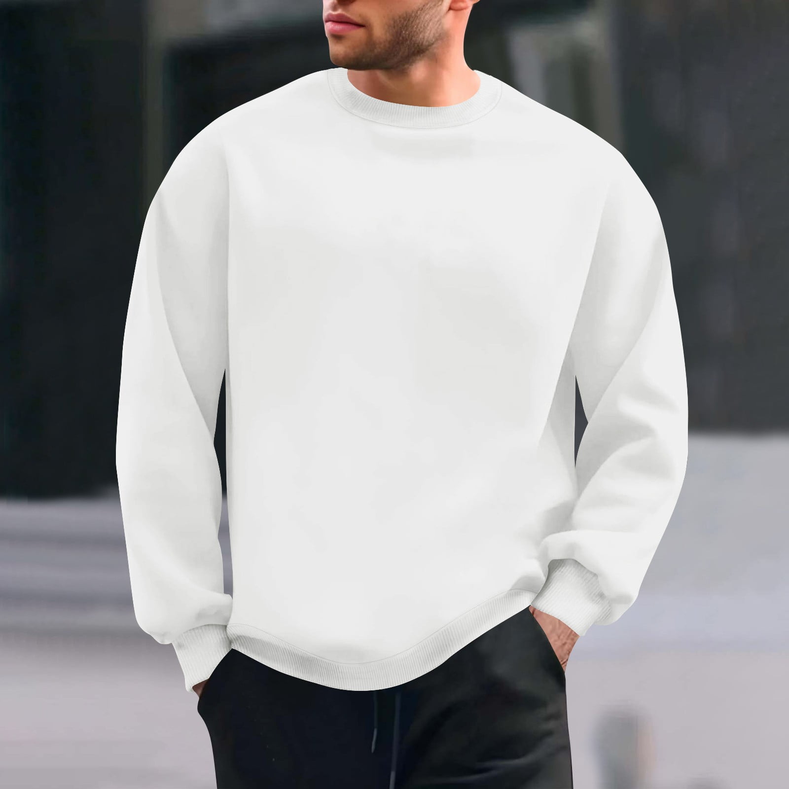 Leodye Mens Loose And Comfortable Basic Solid Color Sweatshirts Long Sleeve Round Neck Relaxed Fit Tops White 8(L) 8(L)