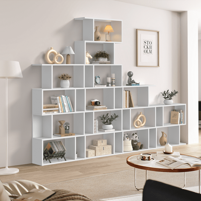 JOZ Geometric Bookcase Wooden Wood S Shape Storage Display Unit Bookcase Bookshelf 6 Tier Storage 75 H x 27.6 W White