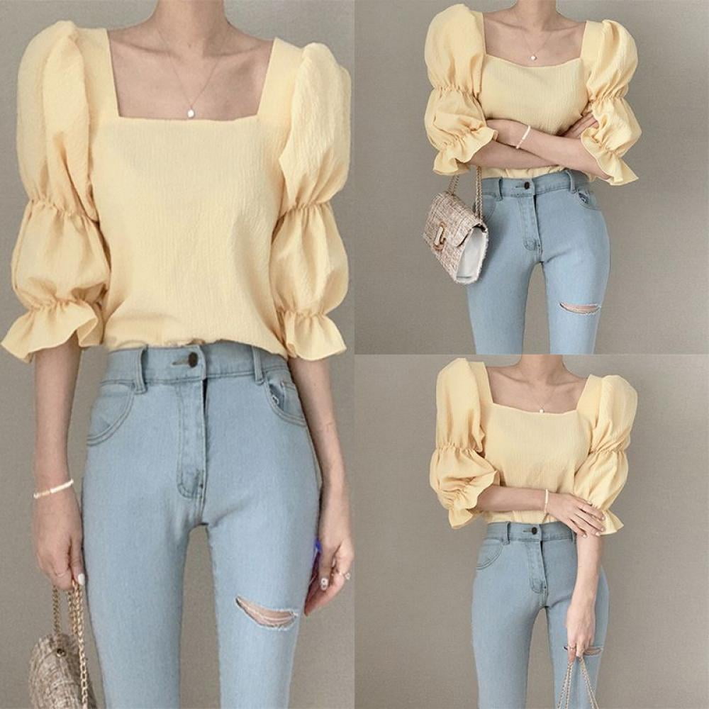 Women's Gentle Thin Square Collar Clavicle Top Retro Design Pleated ...