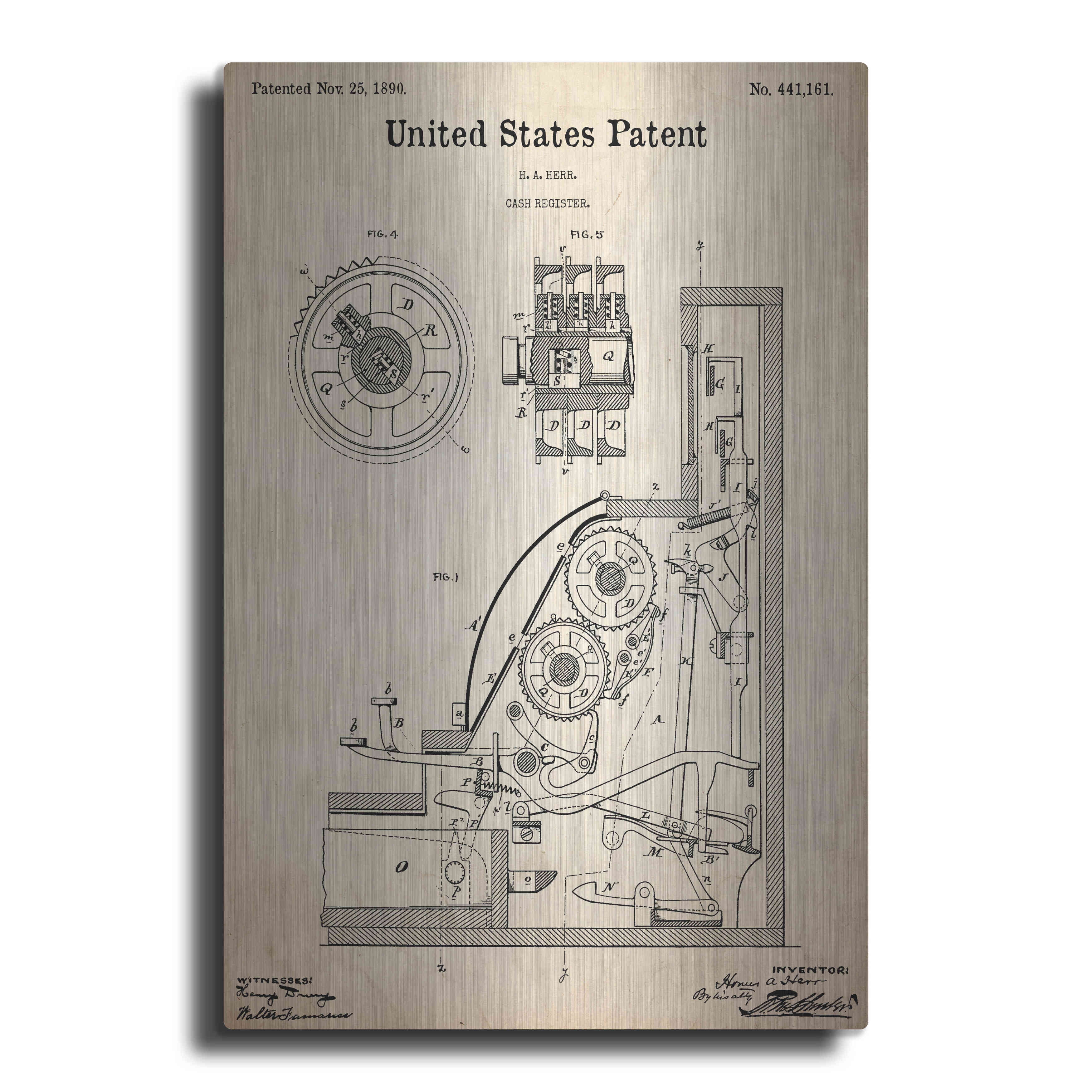 Luxe Metal Art 'Cash Register Blueprint Patent Parchment,' Metal Wall ...