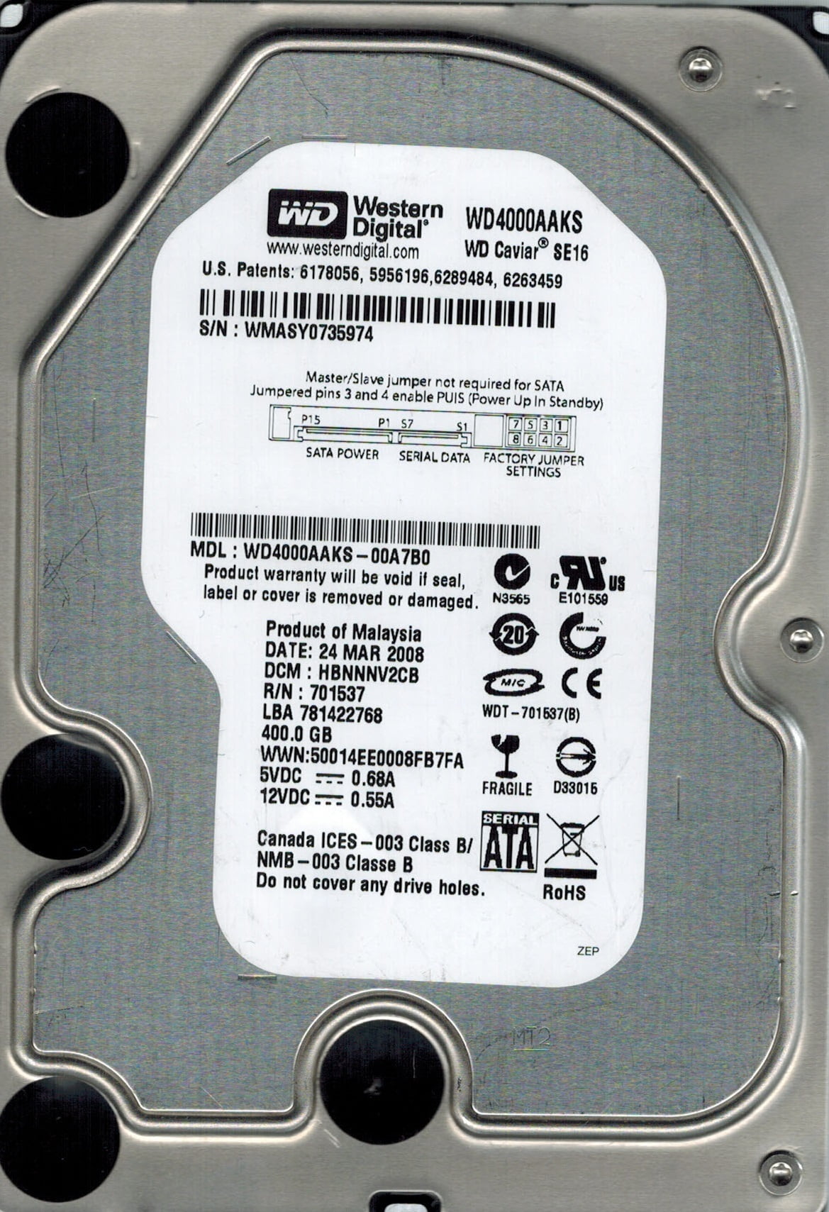 Western Digital WD4000AAKS-00A7B0 500GB DCM: HBNNNV2CB - Walmart.com