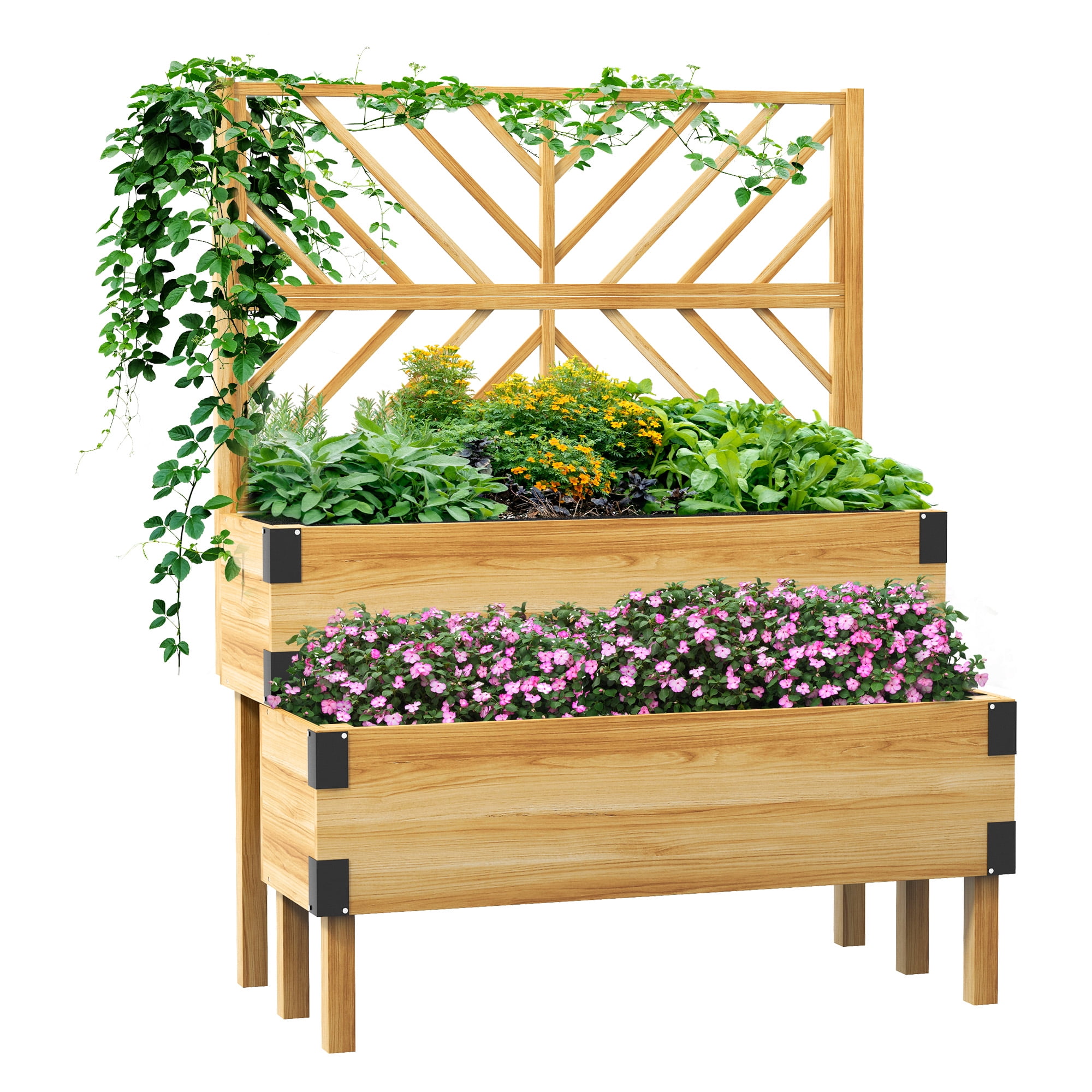 Click here for Outsunny 2 Tier Wooden Raised Bed W/ Trellis Eleva... prices