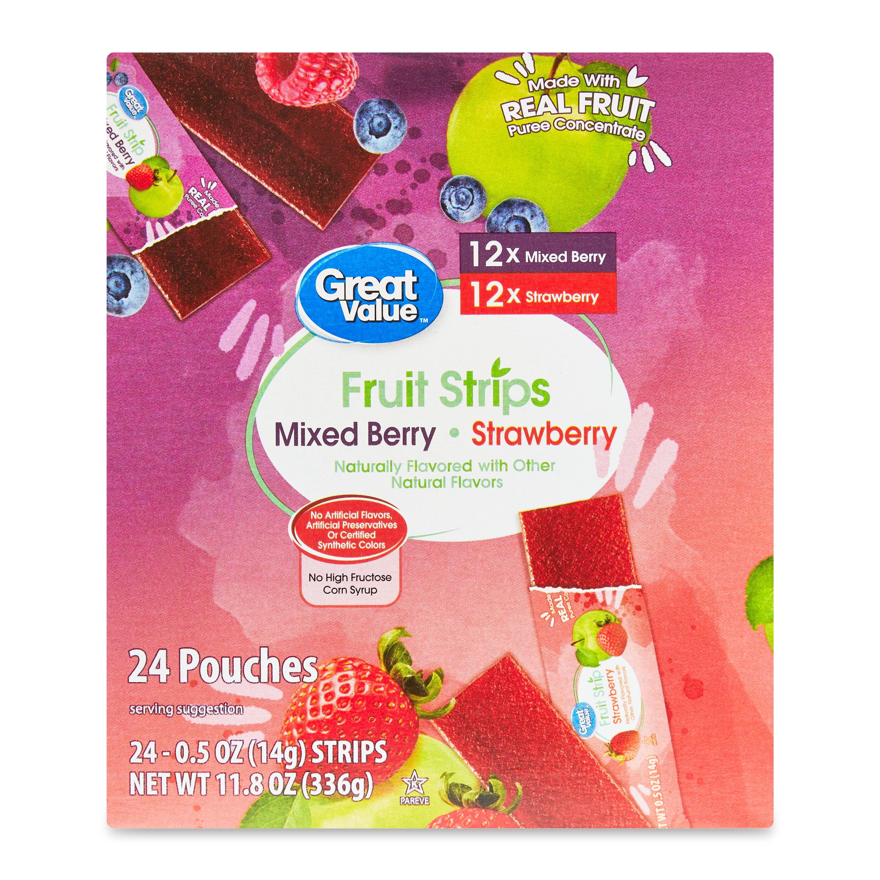 Great Value Fruit Strips, Mixed Berry and Strawberry, 0.5 oz, 24 Count ...