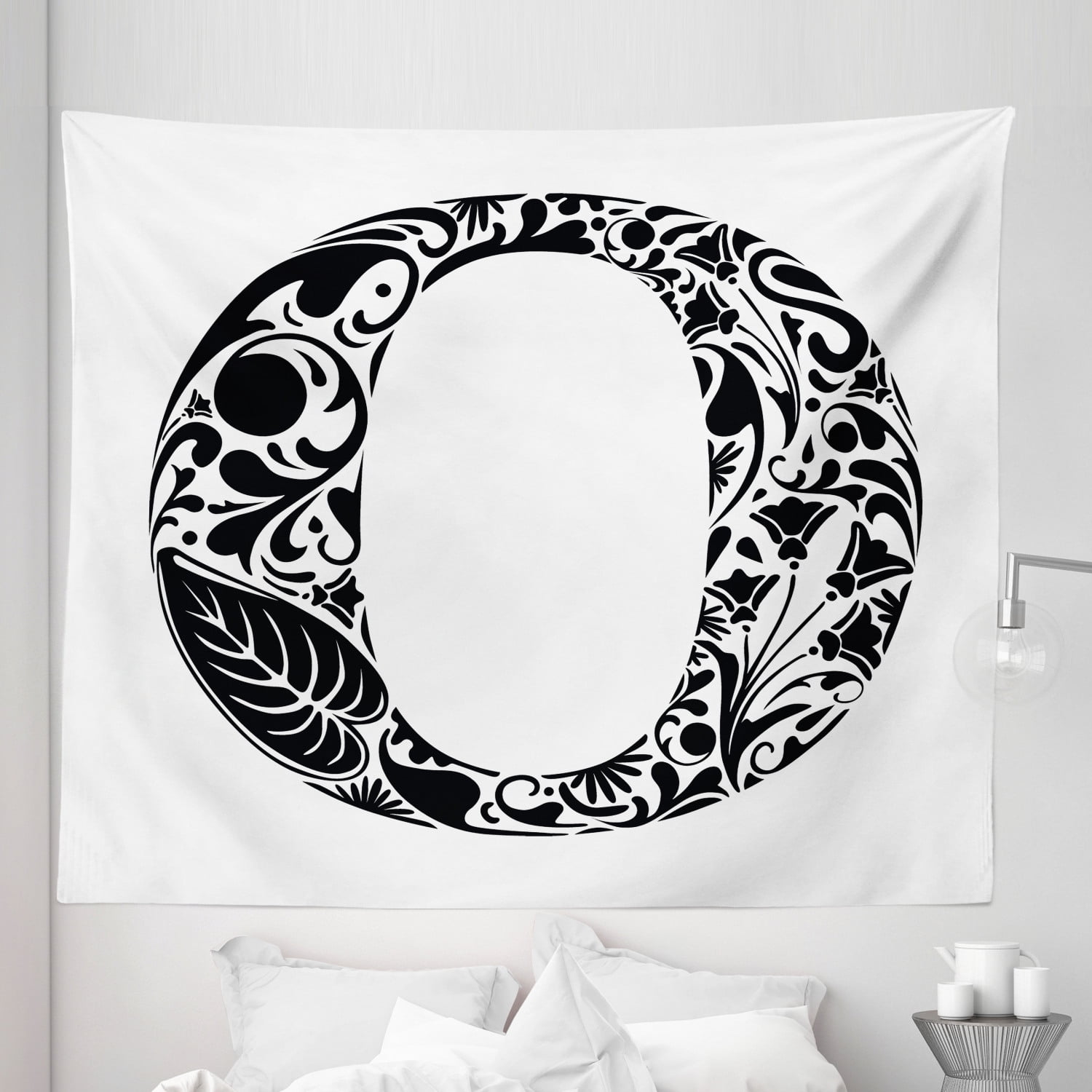 Letter O Tapestry, Monochromatic Design Uppercase O with Classical Leaf ...