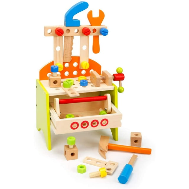 ROBUD Kids Wooden Workbench Toy Set - Pretend Play Tool Kit with Take ...