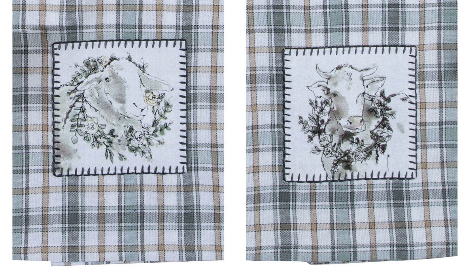 Modern Farm Cow and Sheep Plaid Appliqued Kitchen Tea Towels Set of 2 ...