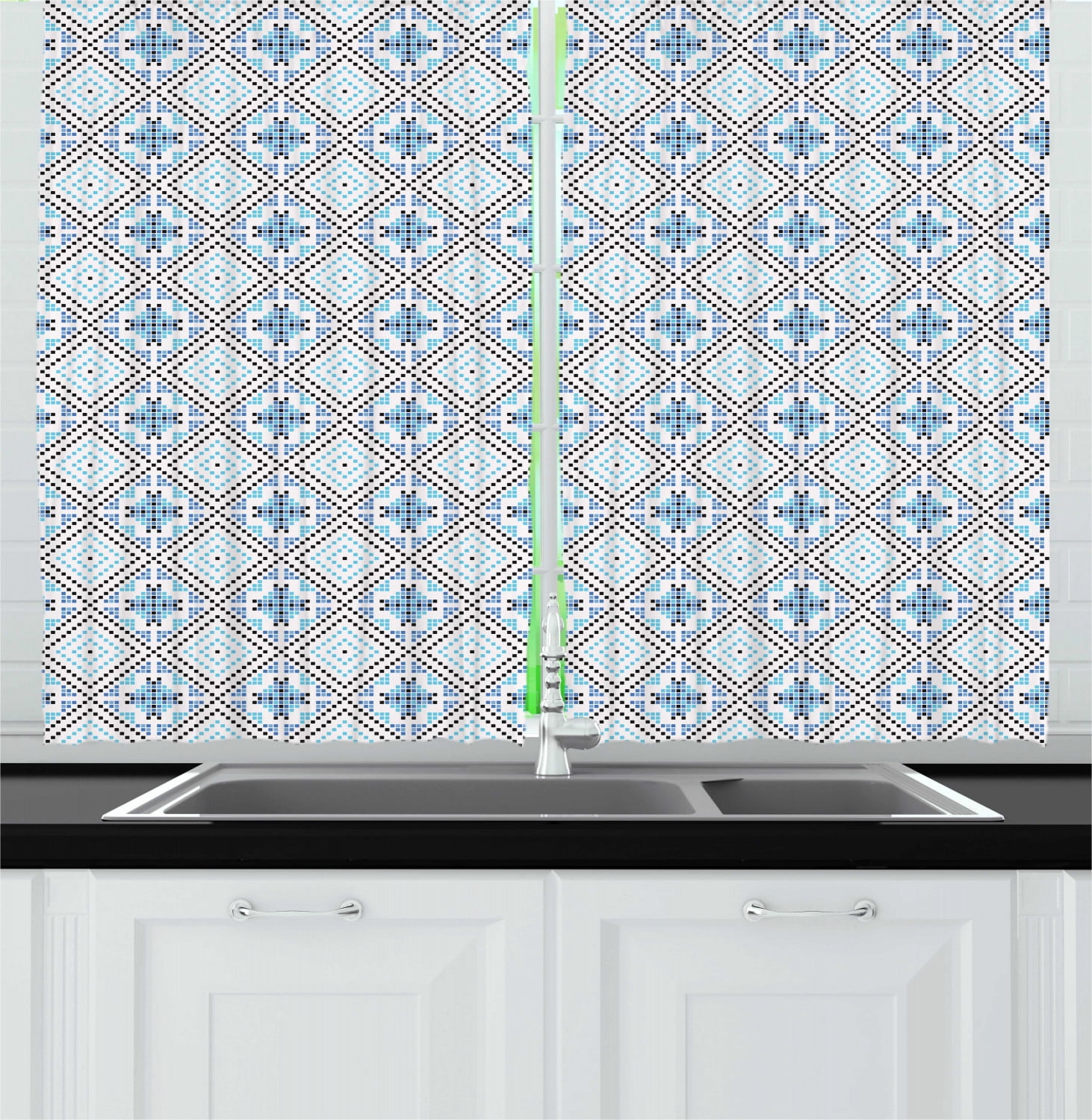 Geometric Curtains 2 Panels Set, Mosiac Ornament with Hand Drawn ...