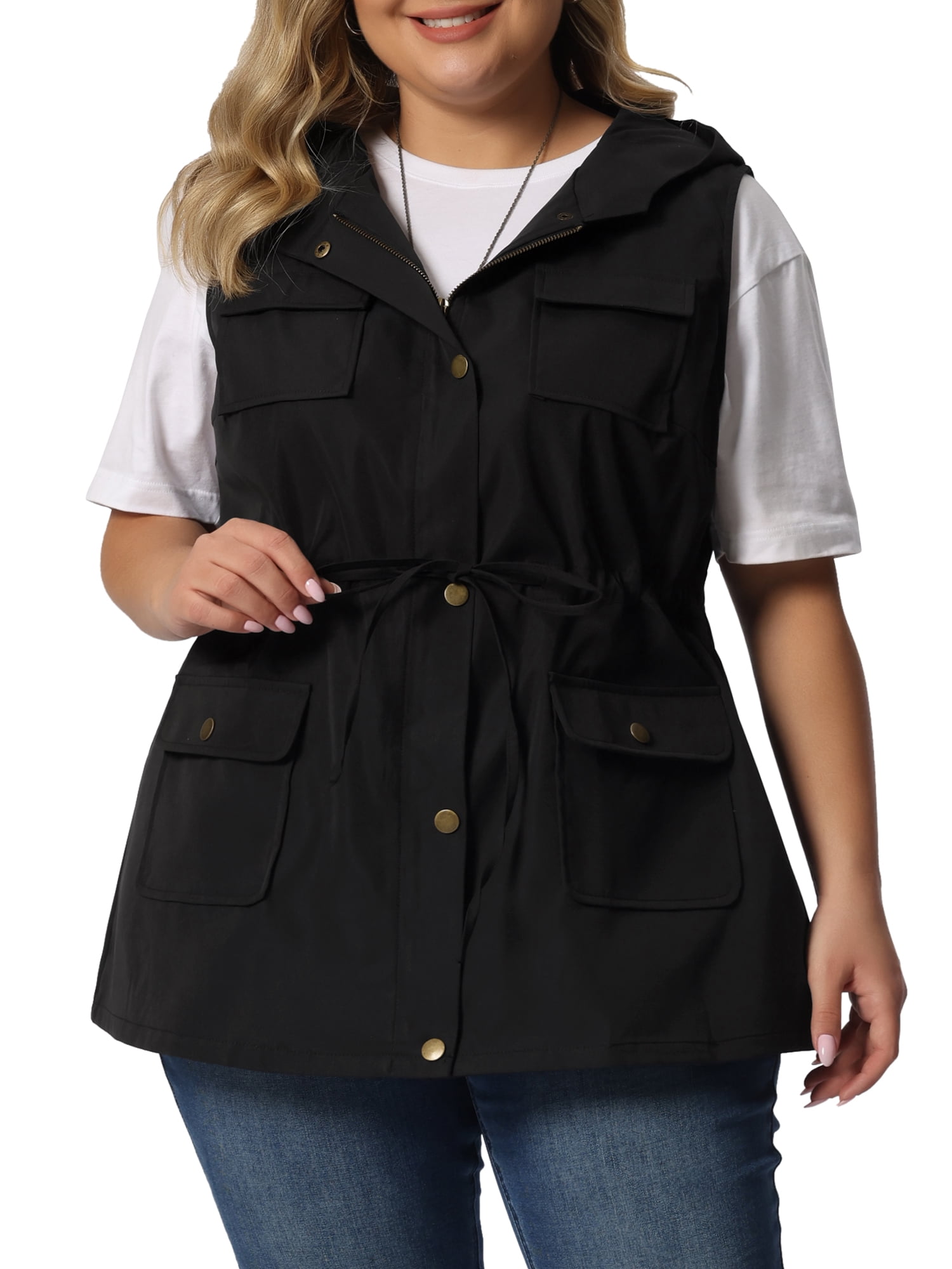 Chaleco utilitario sin mangas GRACE & GRANDEUR Plus Size con capucha y cordón ligero 4X negro ...