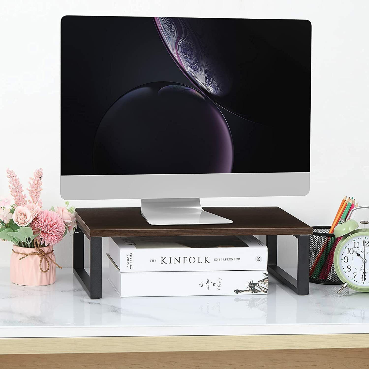 2 Pcs Monitor Stand Riser, Wood & Metal Desktop Stand for 15.7" Laptop ...