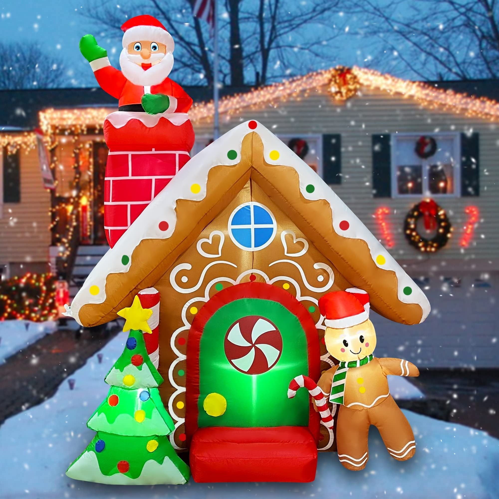 Retro Jump 7 Ft Christmas Inflatables Santa Claus Gingerbread House
