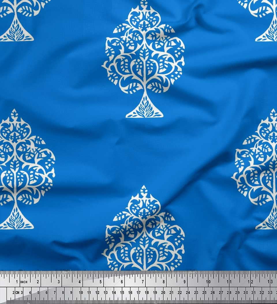 Soimoi Japan Crepe Satin Fabric Tree Block Print Fabric by Yard 42 Inch ...