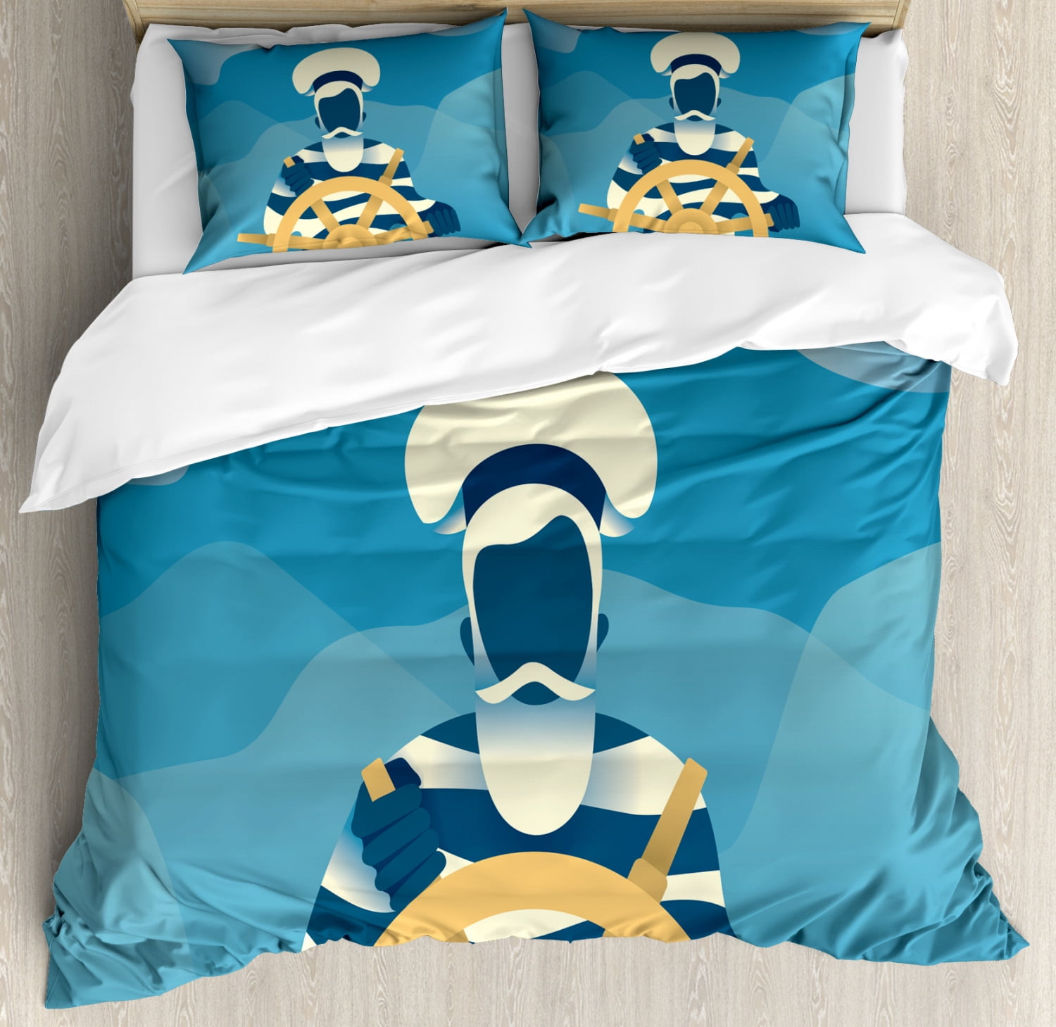 Blue Nautical Duvet Cover Set King Size, Illustration of a Sailor on ...