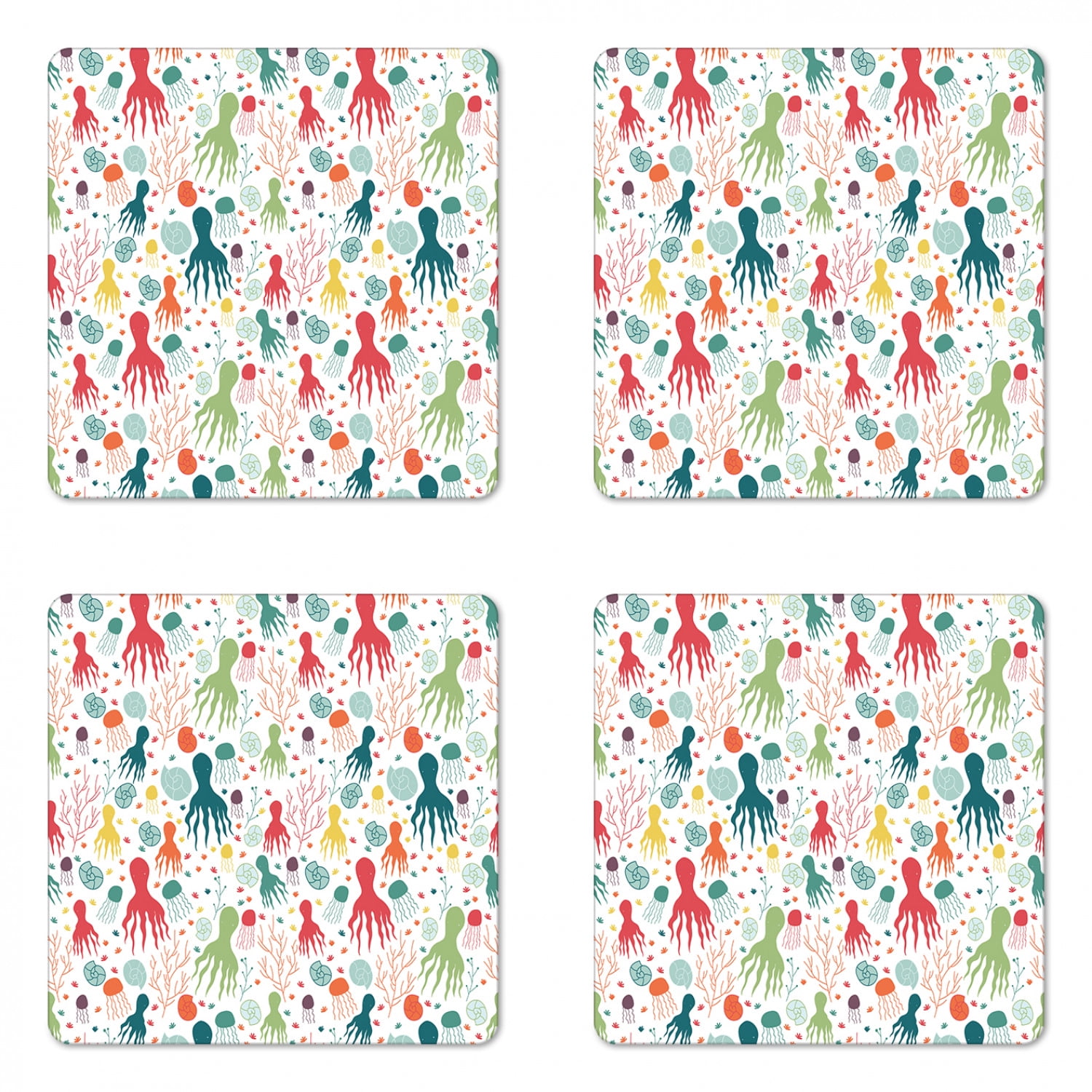 Octopus Coaster Set of 4, Ocean Themed Animals and Plants Jellyfish ...
