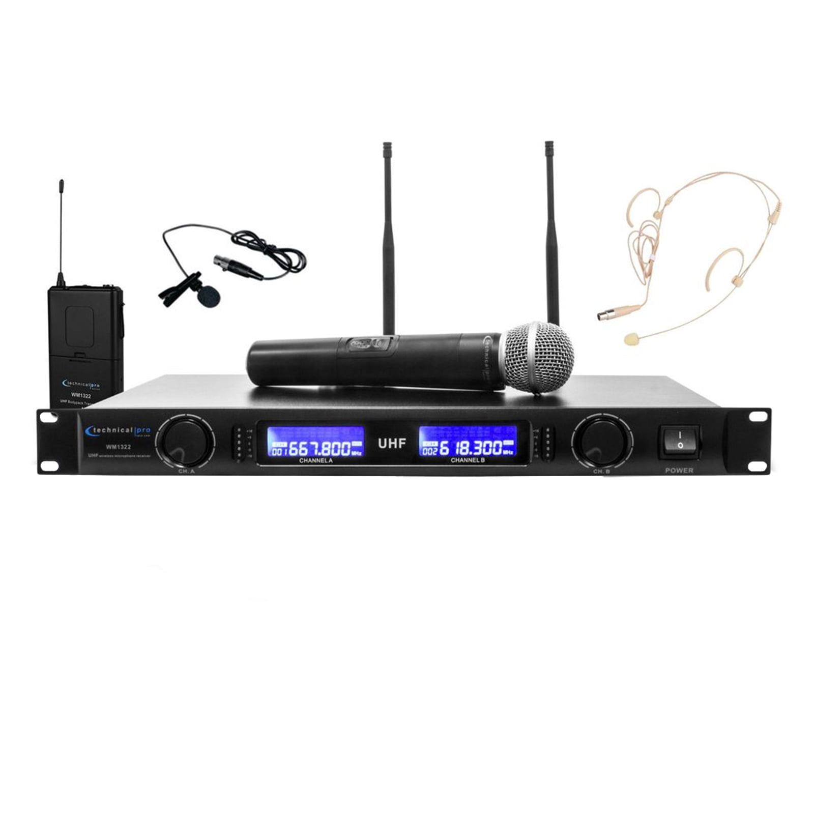 Technical Pro Professional UHF Dual Wireless Microphone Lapel & Headset ...