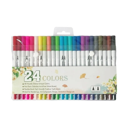 SHTUUYINGG Dual Brush 24 Color Marker PensDual Brush 24 Color Marker ...