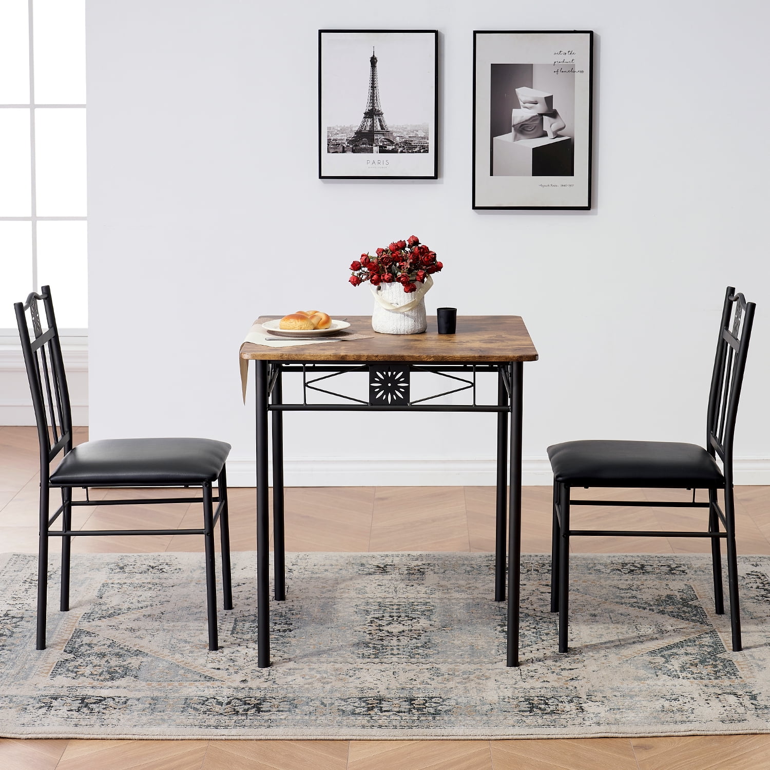 VECELO 3-Piece Dining Table Set, Wooden Square Table with 2 Pu Cushion ...