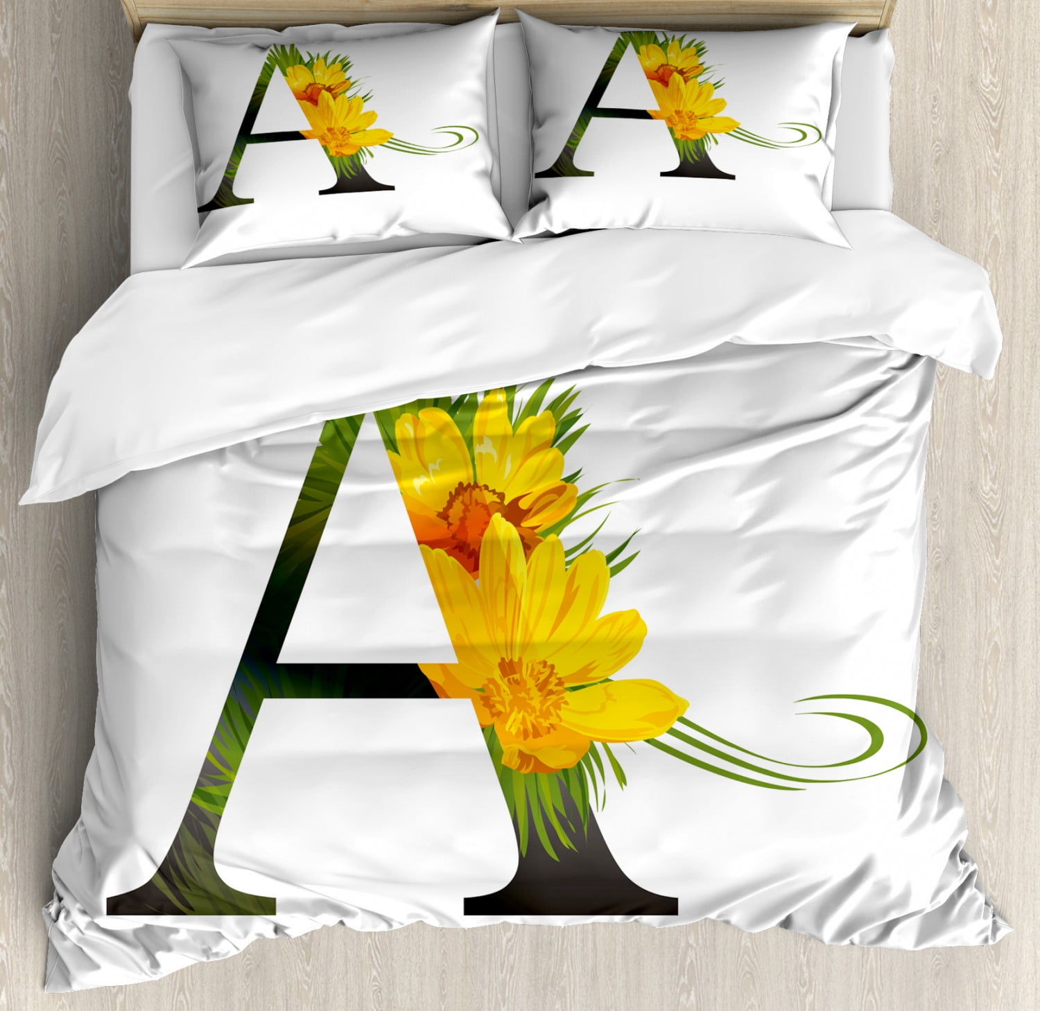 Letter A Queen Size Duvet Cover Set, Flowering Alphabet Design Letter ...