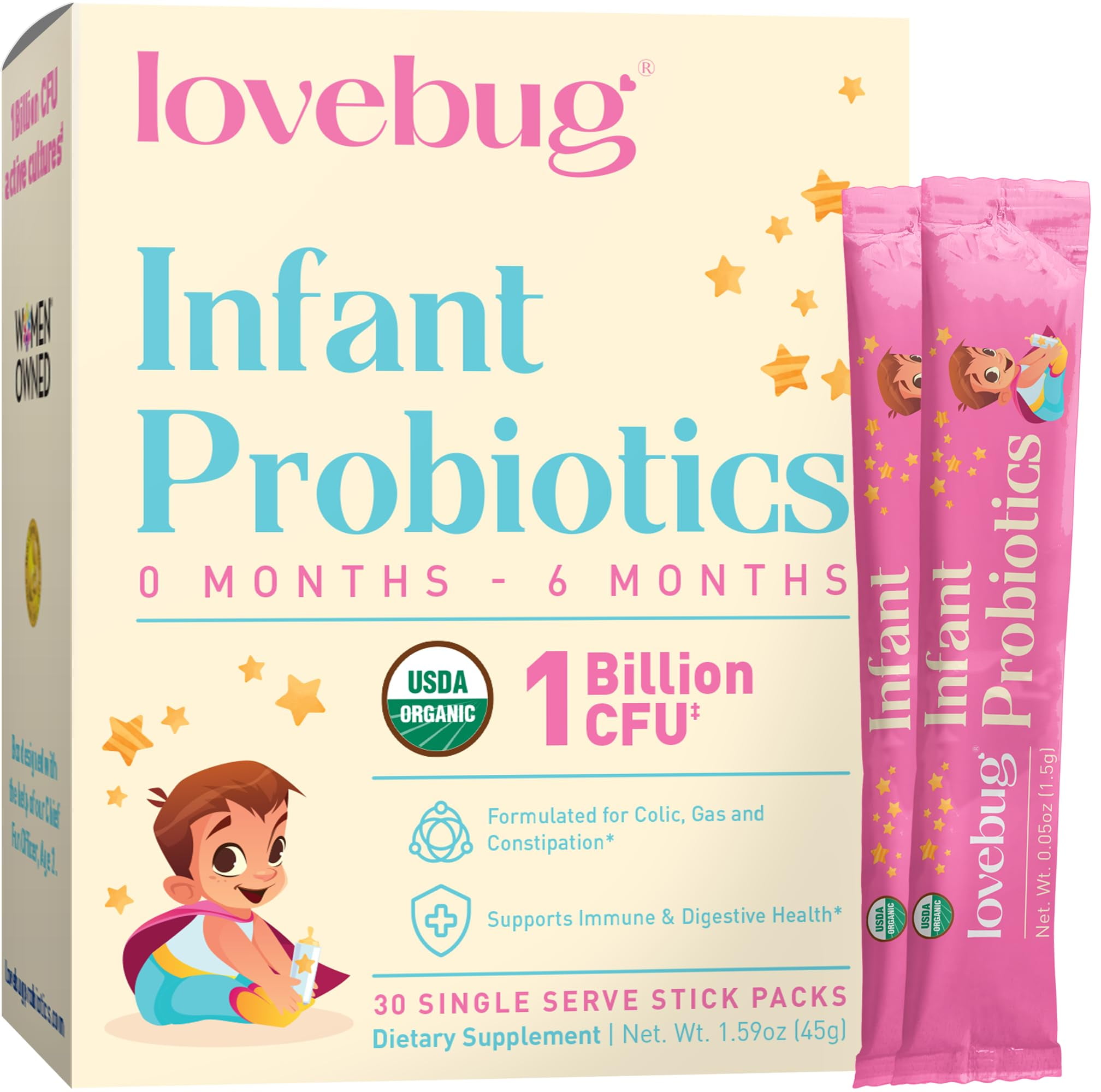 Probiótico Lovebug USDA Organic para bebés de 0 a 6 meses, 1 B CFU ...