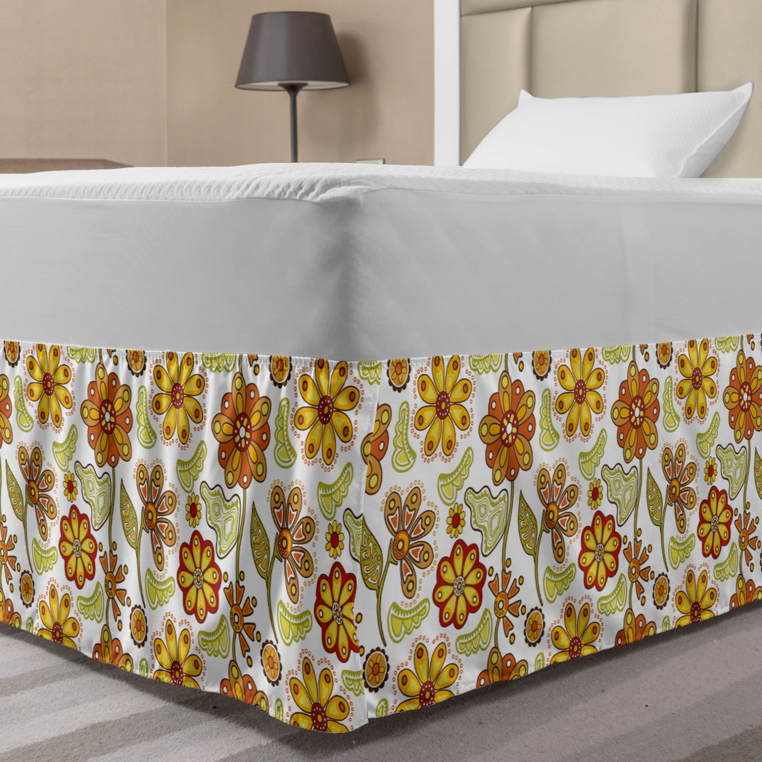 Floral Bed Skirt, Graphical Colorful Flowers in Cartoon Style, Elastic ...