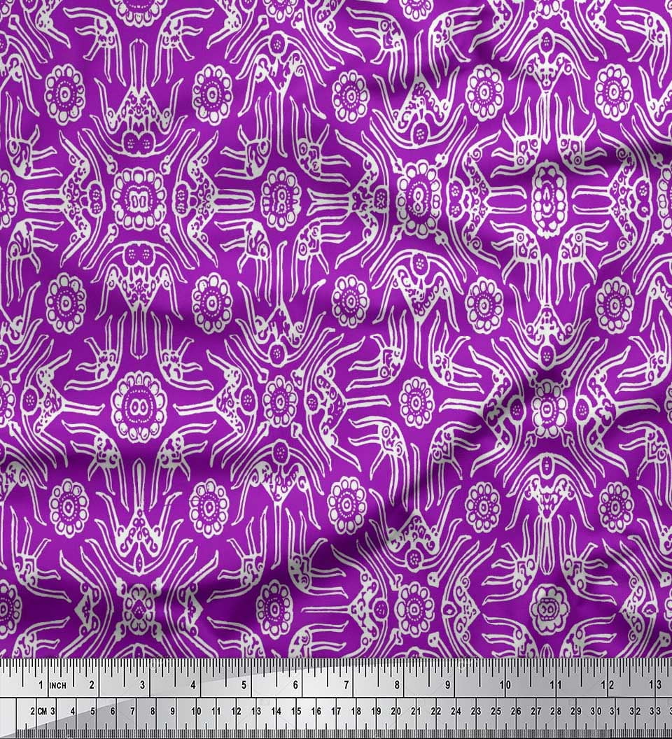 Soimoi Satin Silk Fabric Floral & Moroccan Damask Print Fabric by The ...