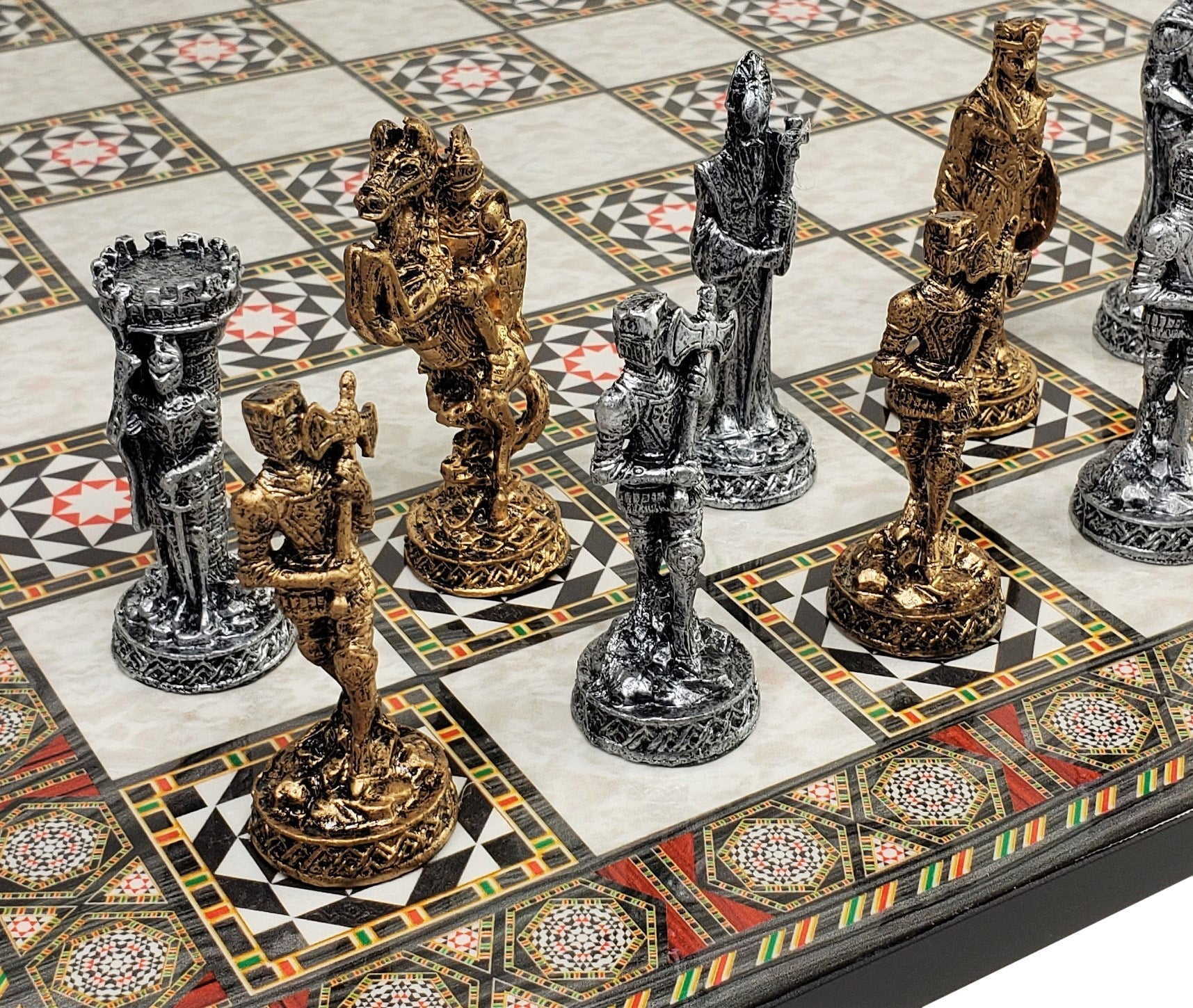 Medieval Times Crusades Pewter METAL Chess Set 17" Mosaic Color Board ...