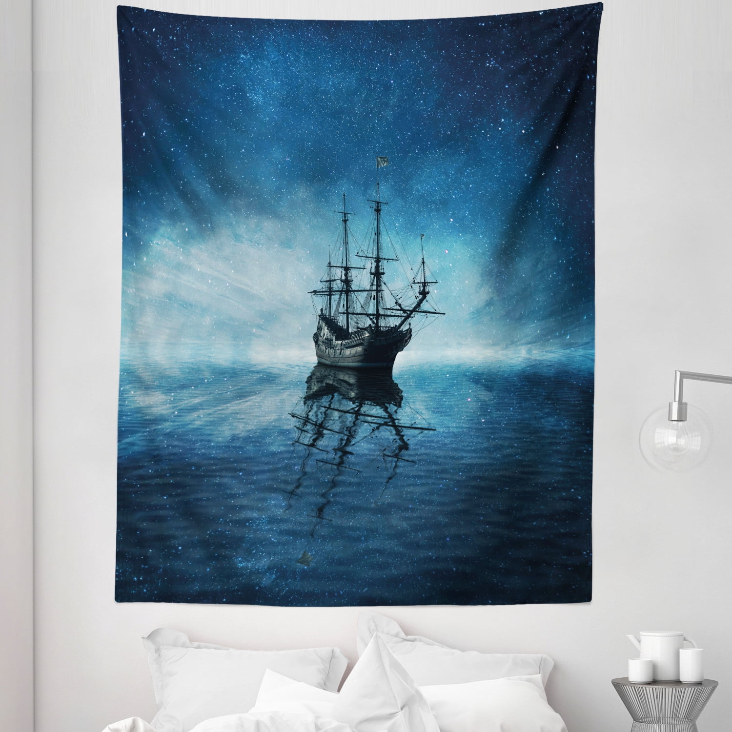Pirate Ship Tapestry, Vessel on Dark Night Sea Starry Night Sky Water ...
