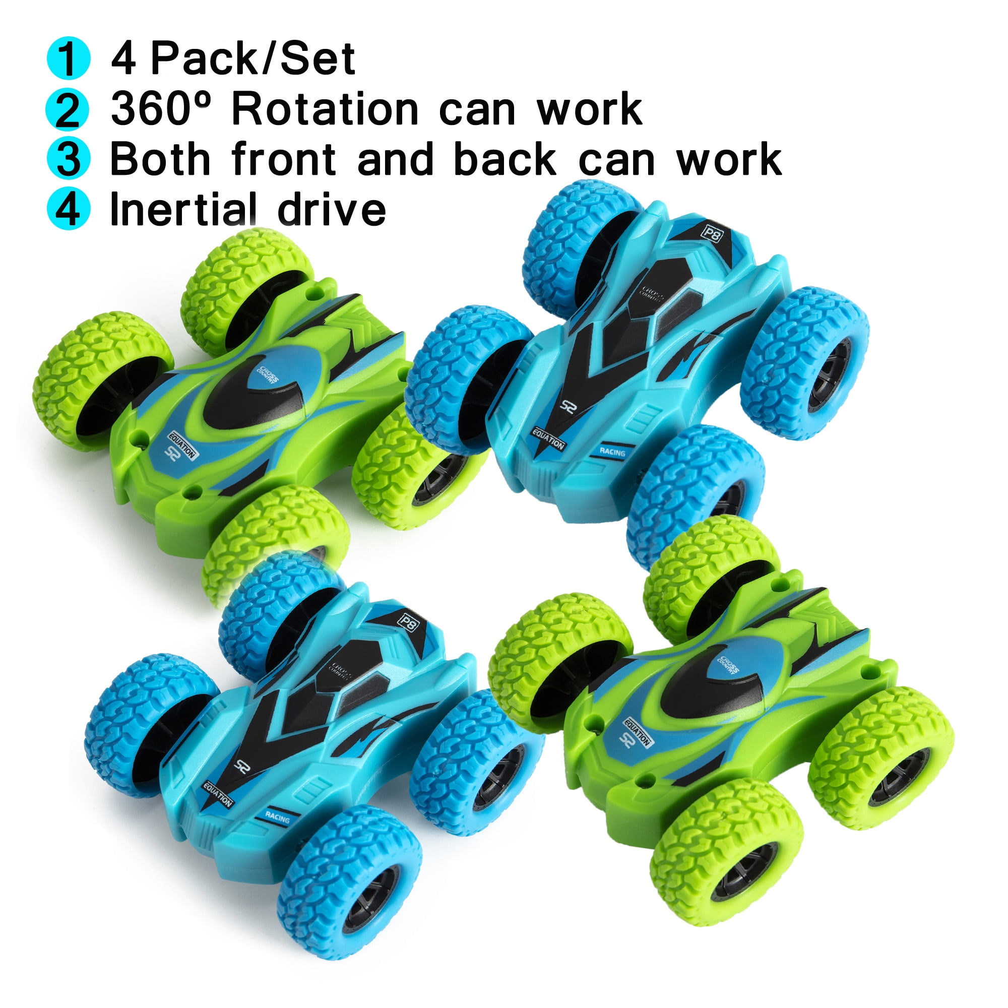 SAYFUT 4 Pack Friction Powered Car Toys, Double-sided Stunt Flip ...