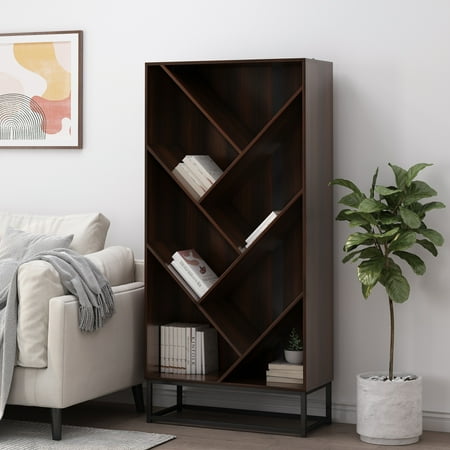 Noble House Postema 6 Shelf V Bookcase, Dark Walnut and Black - Walmart ...